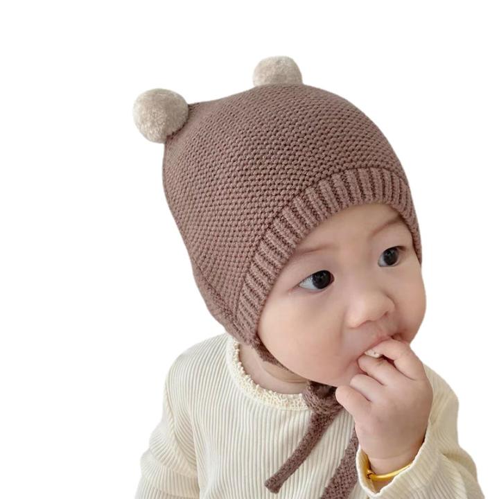 Gorro Suave con pompón para Bebé, Color Sólido, Punto Cálido, Orejera ...