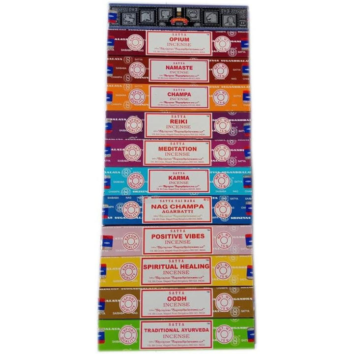 Satya Juego de Incienso 12 x 15 Gramos Incluye: Nag, Super Hit, Oodh ...