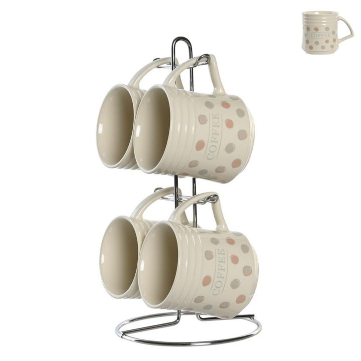 SET 5 TAZA MUG GRES COLOR BEIGE CON LUNARES Y SU SOPORTE METAL PRODUCTO ...