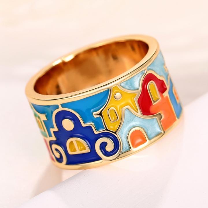 Anillo Creativo De Enamel Coloreado Para Mujer Diseño De Casa Dorado ...