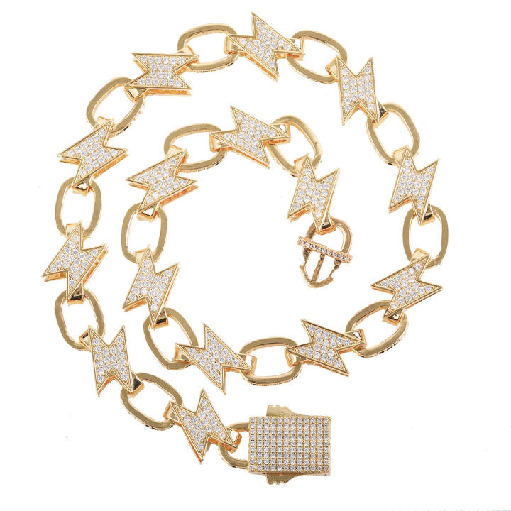 Iced Out Lightning Cuban Link Chain for Men Choker Necklace Real Gold ...