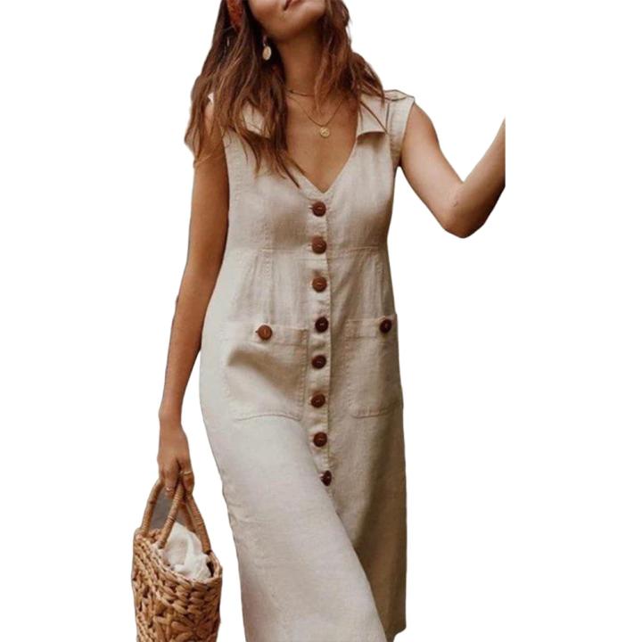 Vestido largo de lino y algodón para mujer, traje informal holgado para playa, Falda Midi para ...