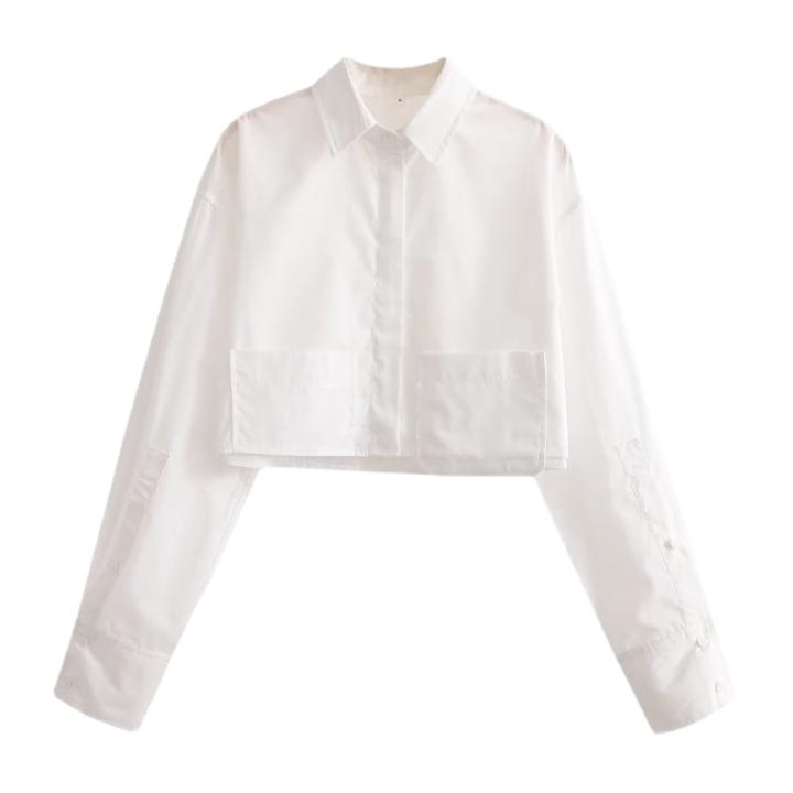 Camisa de manga larga corta decorada con bolsillos para mujer | Miravia