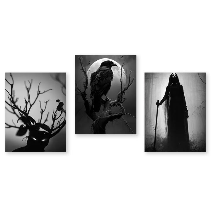 Pintura en lienzo de bruja de Bosque Oscuro, arte de pared de cuervo ...